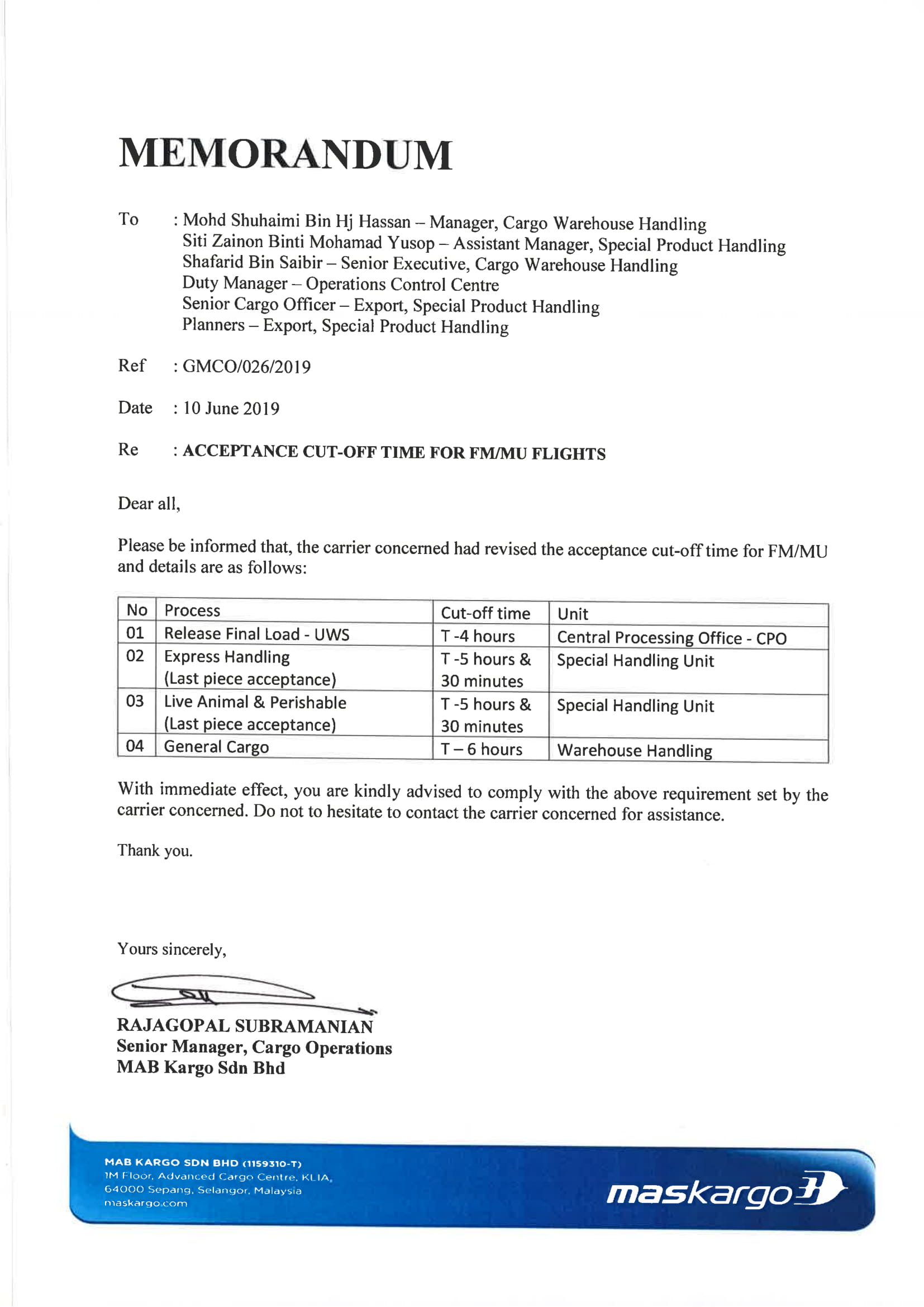 Acceptance Cut-Off Time for FM/MU Flights - MASkargo