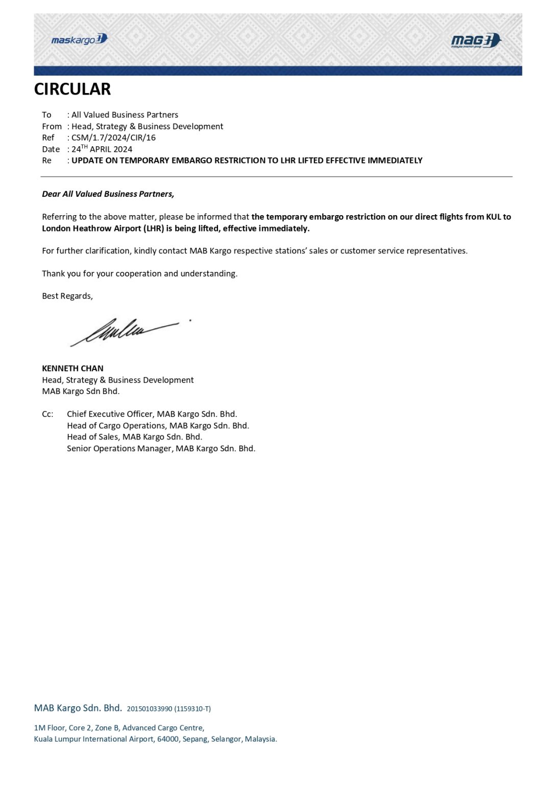 Temporary Embargo Restriction To Lhr Lifted, Effectively Immediately ...